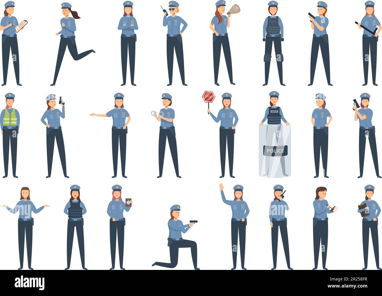 Policewoman icons set cartoon vector. Cop hat. Training badge Stock ...