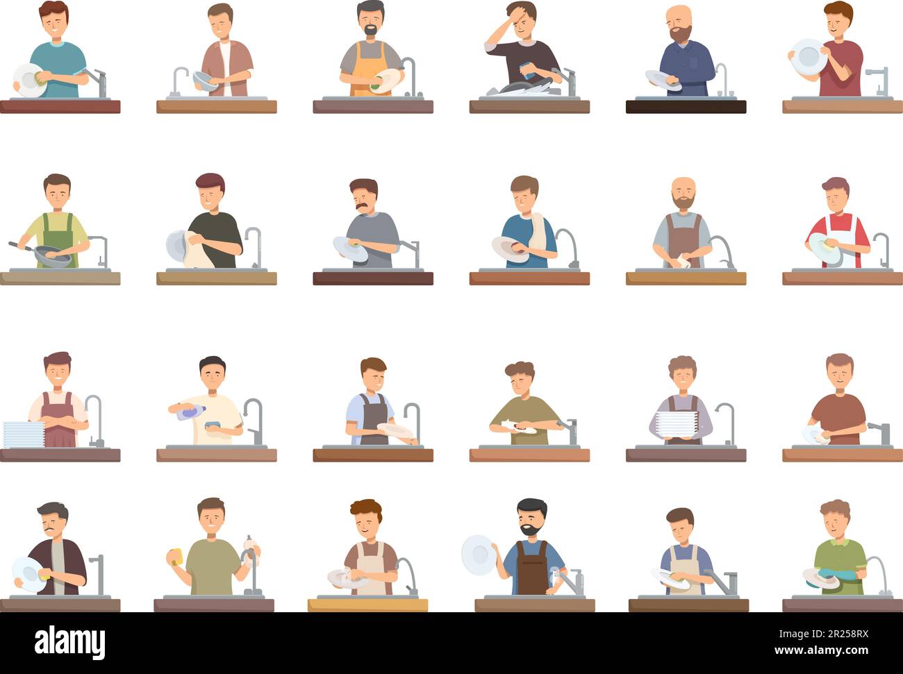 Man washing dishes icons set cartoon vector. Wash home. Man tool Stock ...