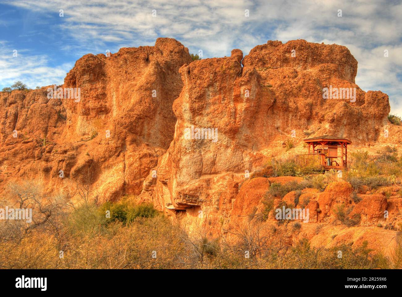 Colorful desert mountain during late afternoon sun with a rest area ...