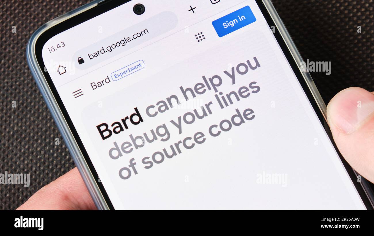 Google Bard AI chat bot homepage on phone screen. Bard is a ...