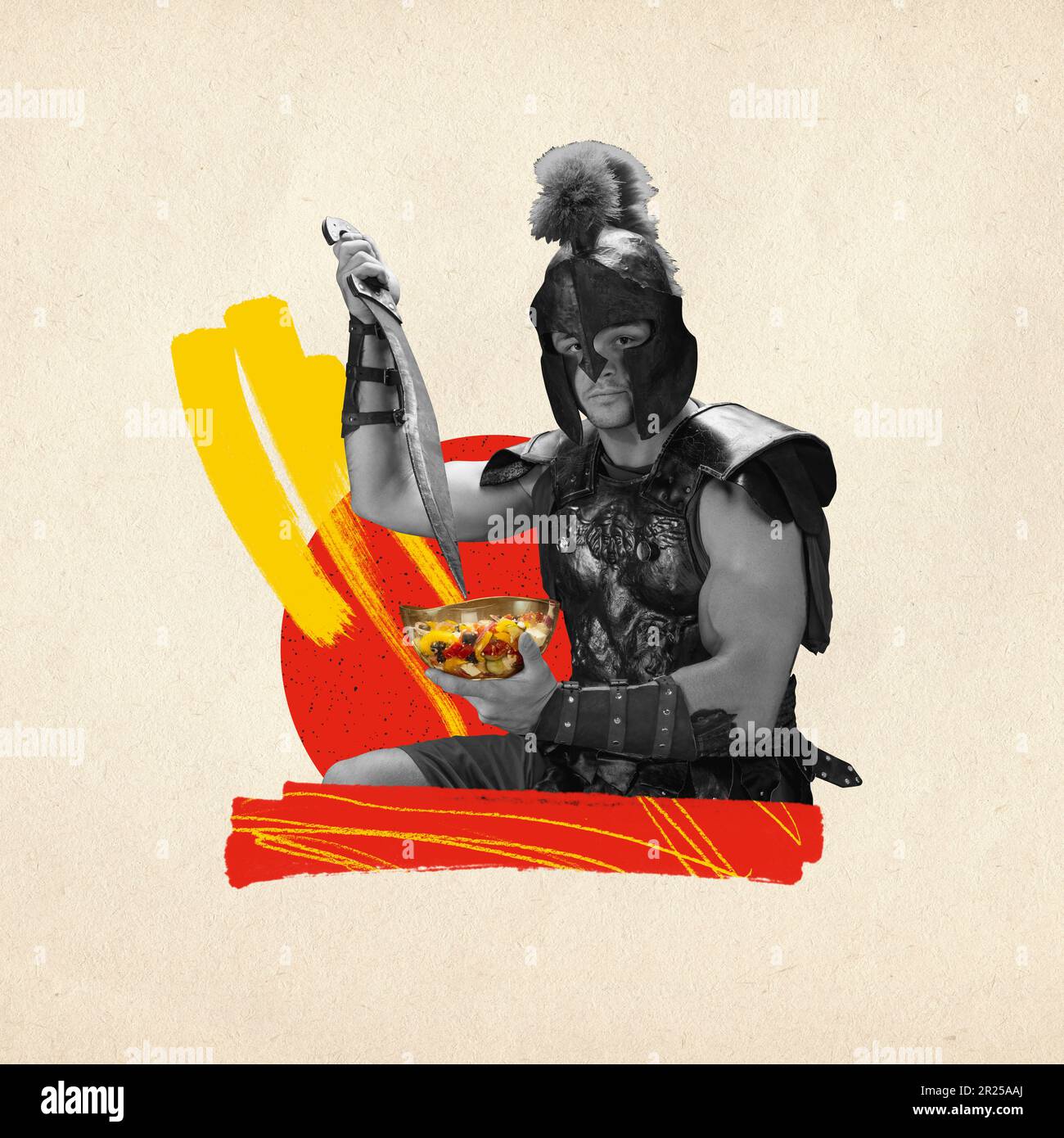 Contemporary art collage. Medieval person, man, warrior or knight ...