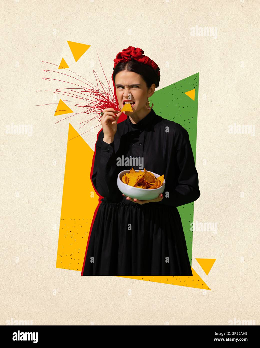 Contemporary art collage. Young woman with nachos in image of famous ...