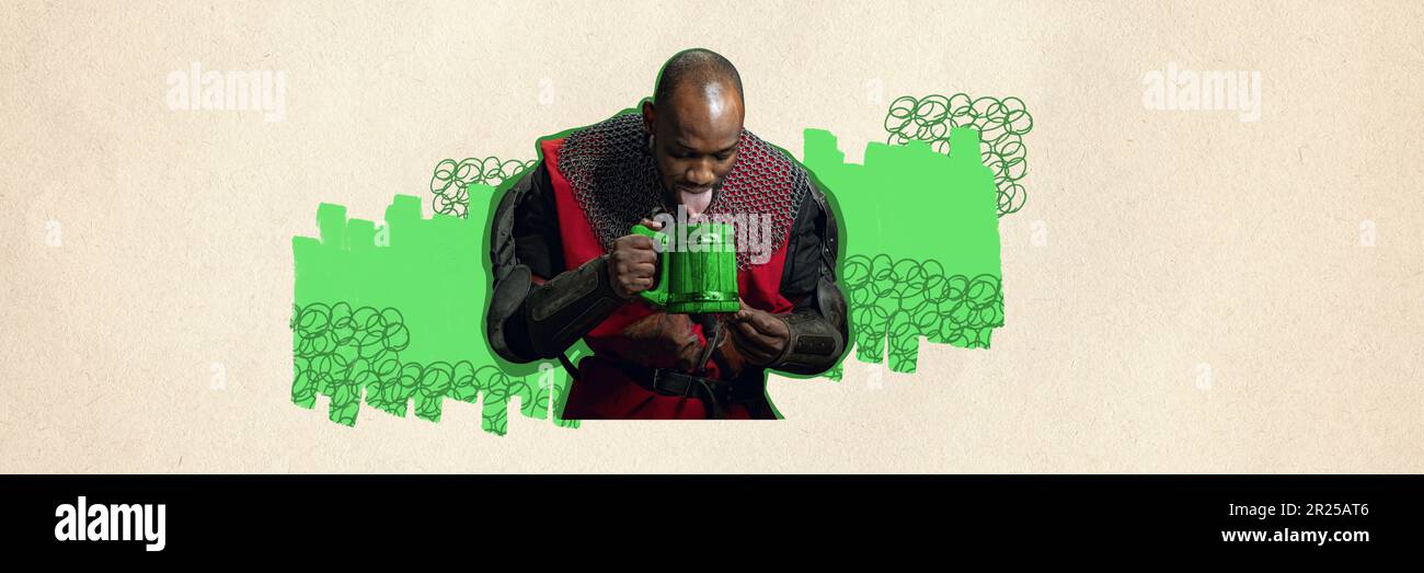 Contemporary art collage. Medieval warrior or knight drinking beer from ...