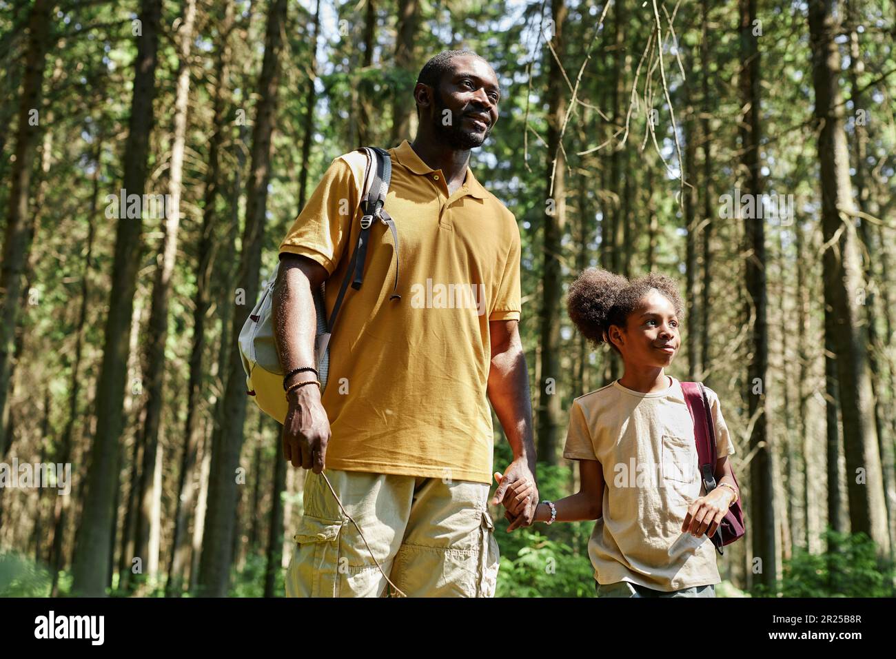 African American dad walking in the forest with his little child during ...
