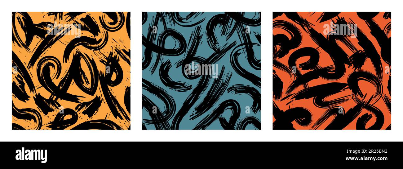 Brush strokes abstract posters. Messy graffiti seamless pattern set ...