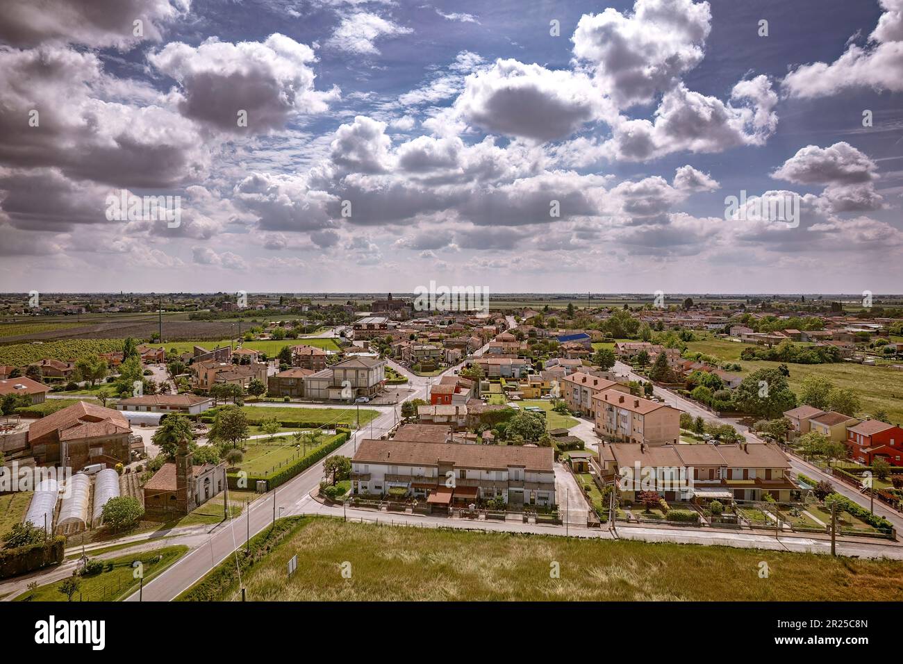 Bird's-eye view of the rural village Villanova del Ghebbo in Northern ...