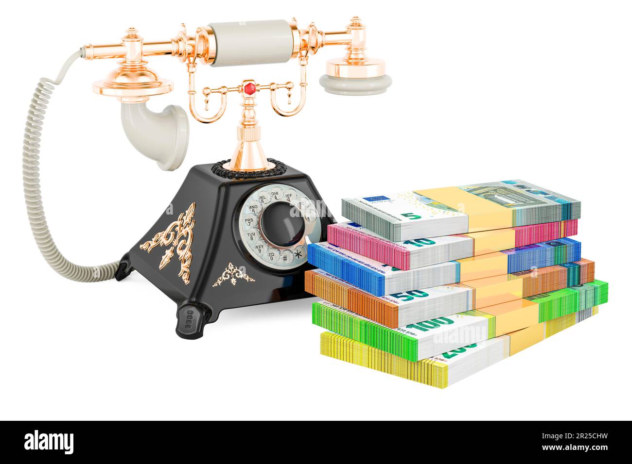 Old-fashioned phone with money, euro packs. 3D rendering isolated on ...