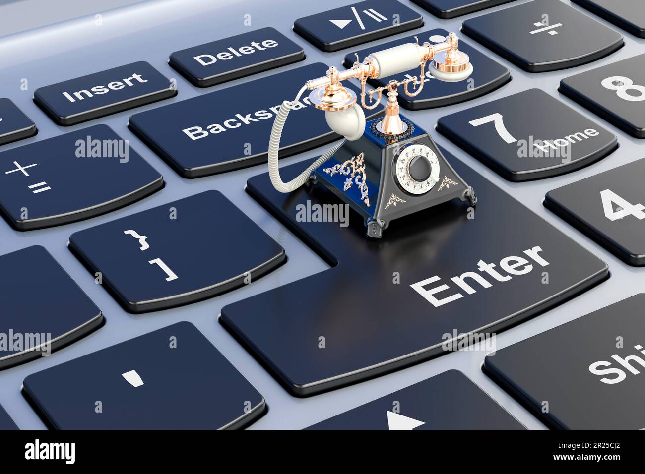 Old-fashioned phone on laptop keyboard. 3D rendering Stock Photo - Alamy