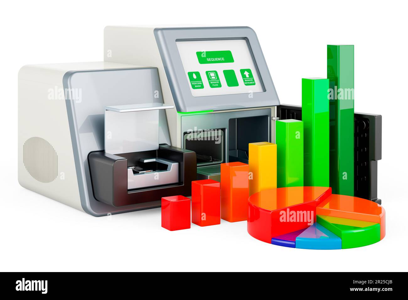 DNA sequencer with growth bar graph and pie chart, 3D rendering ...