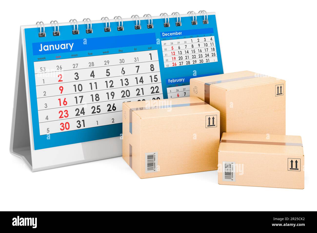 Shipping and logistics concept. Three parcels with desk calendar. 3D rendering isolated on white ...