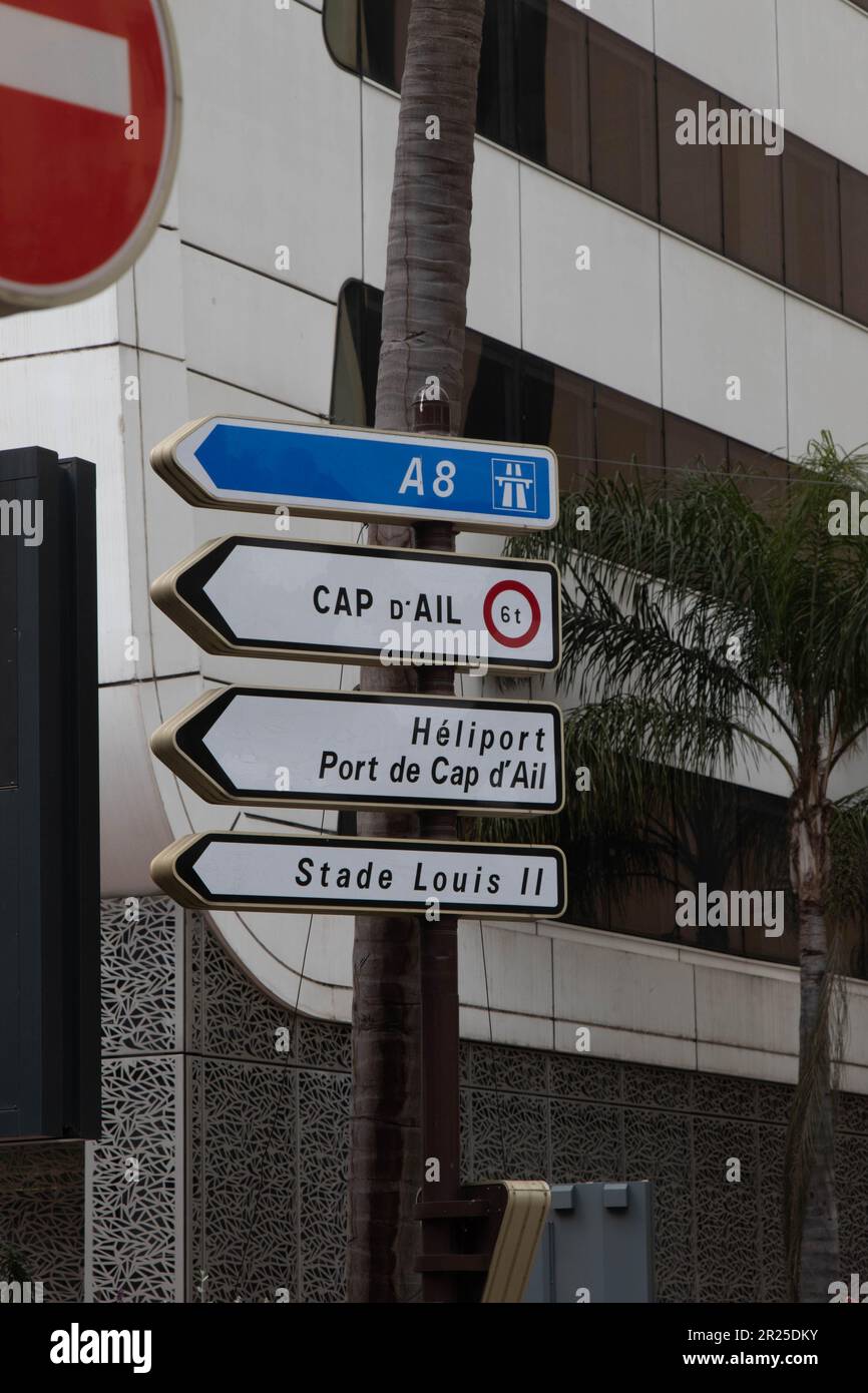 Monaco, Monaco, April 21st 2023:- A sign just across the border of ...