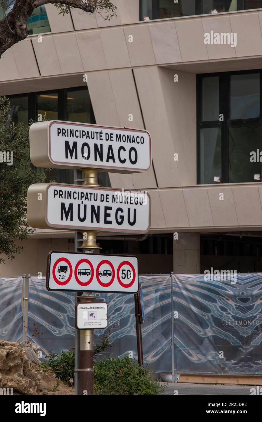 Monaco, Monaco, April 21st 2023:- A sign just across the border of ...