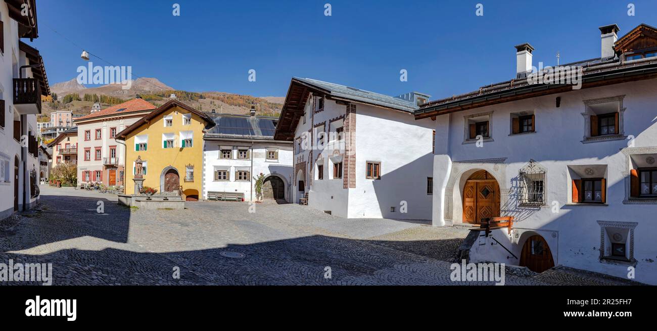 Typical Engadin houses at the square Punt *** Local Caption *** Scuol ...
