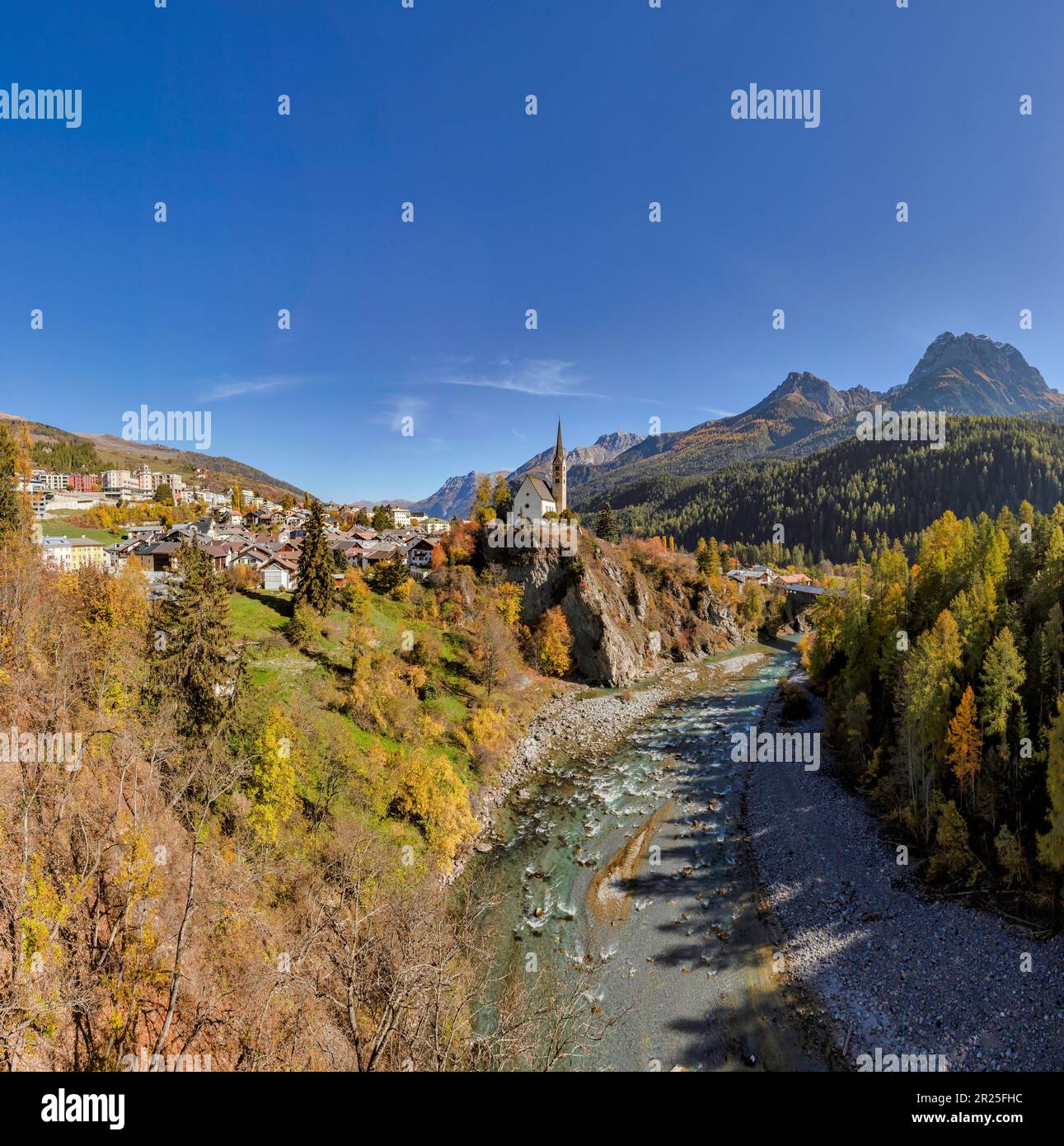 The river Inn and the Reformed church on top of a rock *** Local ...