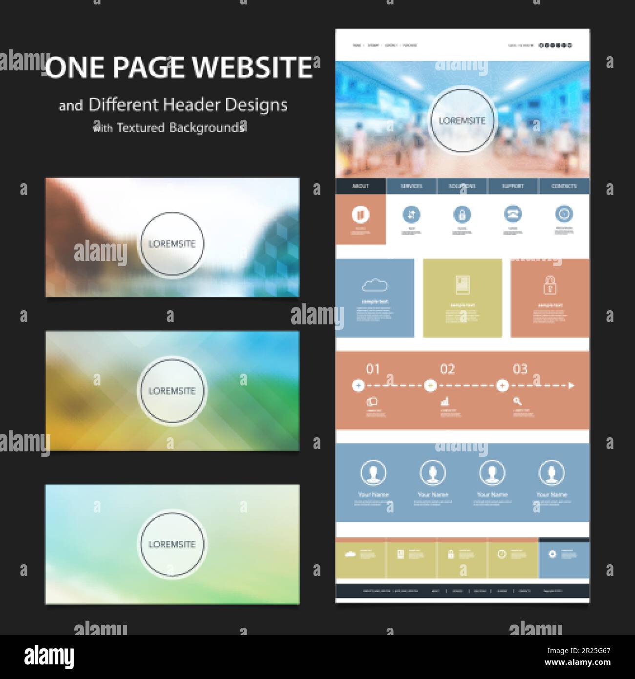 One Page Website Template and Different Header Designs with Blurred ...