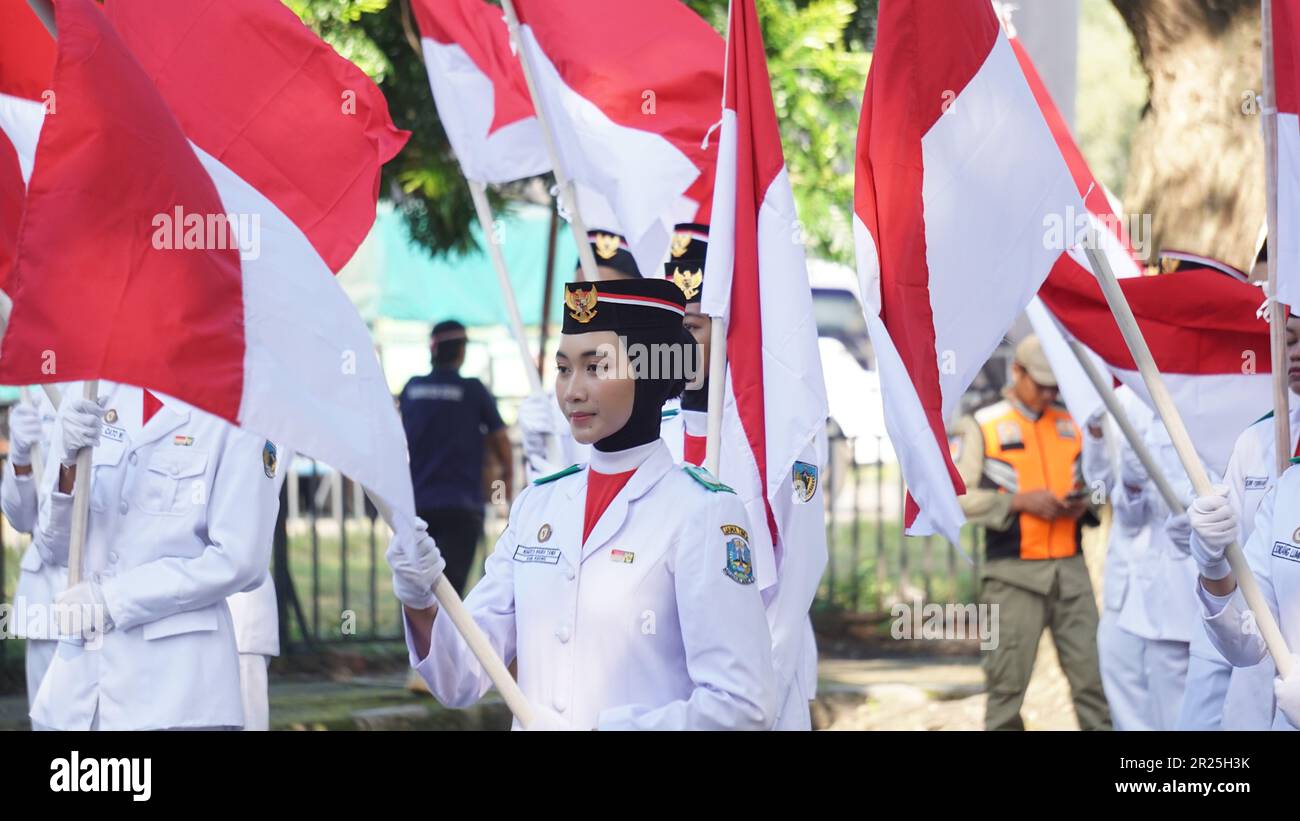 Indonesian flag raiser on kirab kebangsaan (National carnival Stock ...