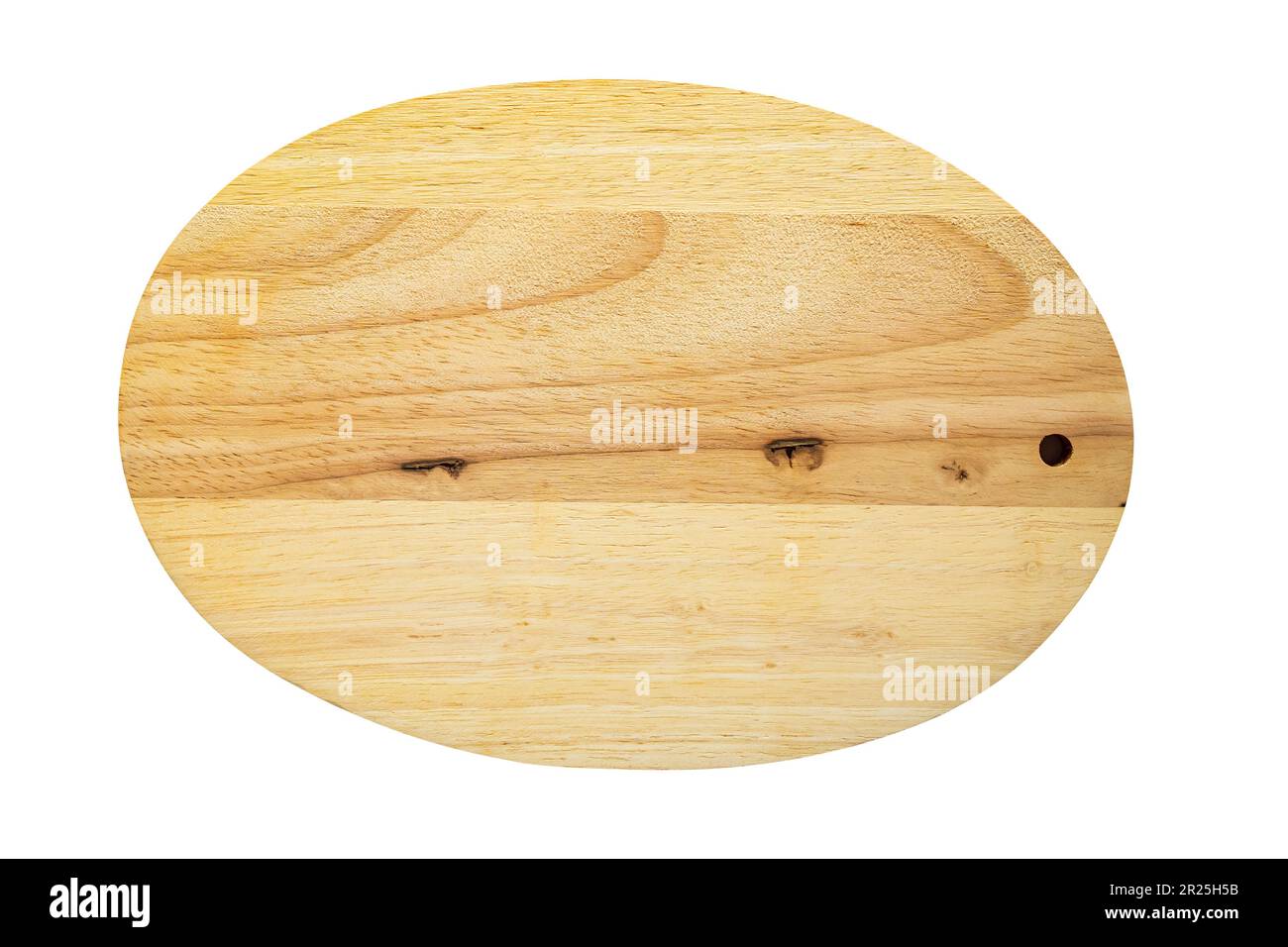 Top view of single new oval shape wooden cutting board isolated on ...