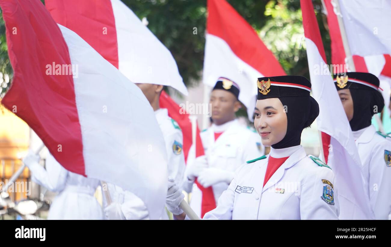 Indonesian flag raiser on kirab kebangsaan (National carnival Stock ...