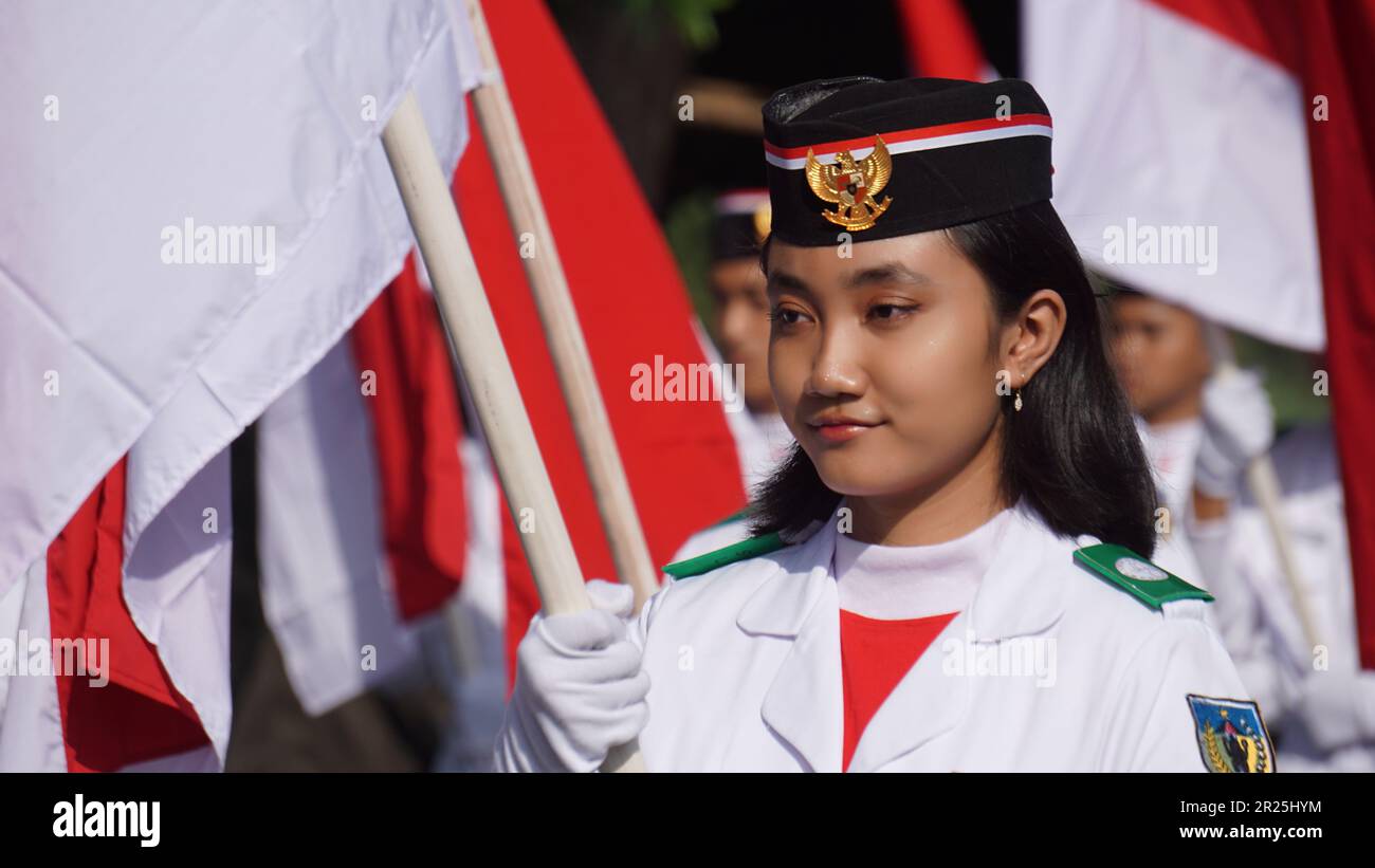 Indonesian flag raiser on kirab kebangsaan (National carnival Stock ...