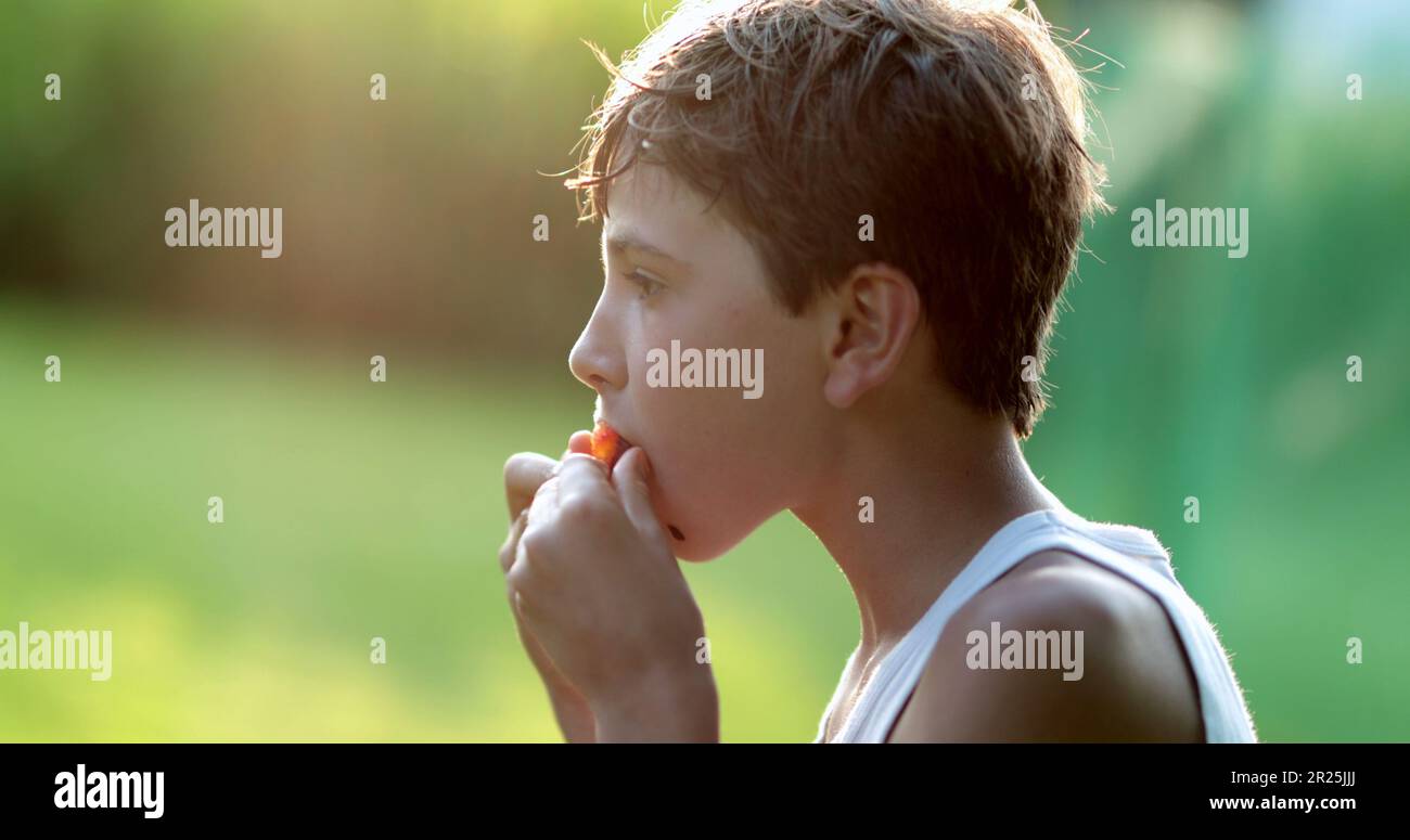 Young boy eating healthy fruit snack outdoors during beautiful sunset ...