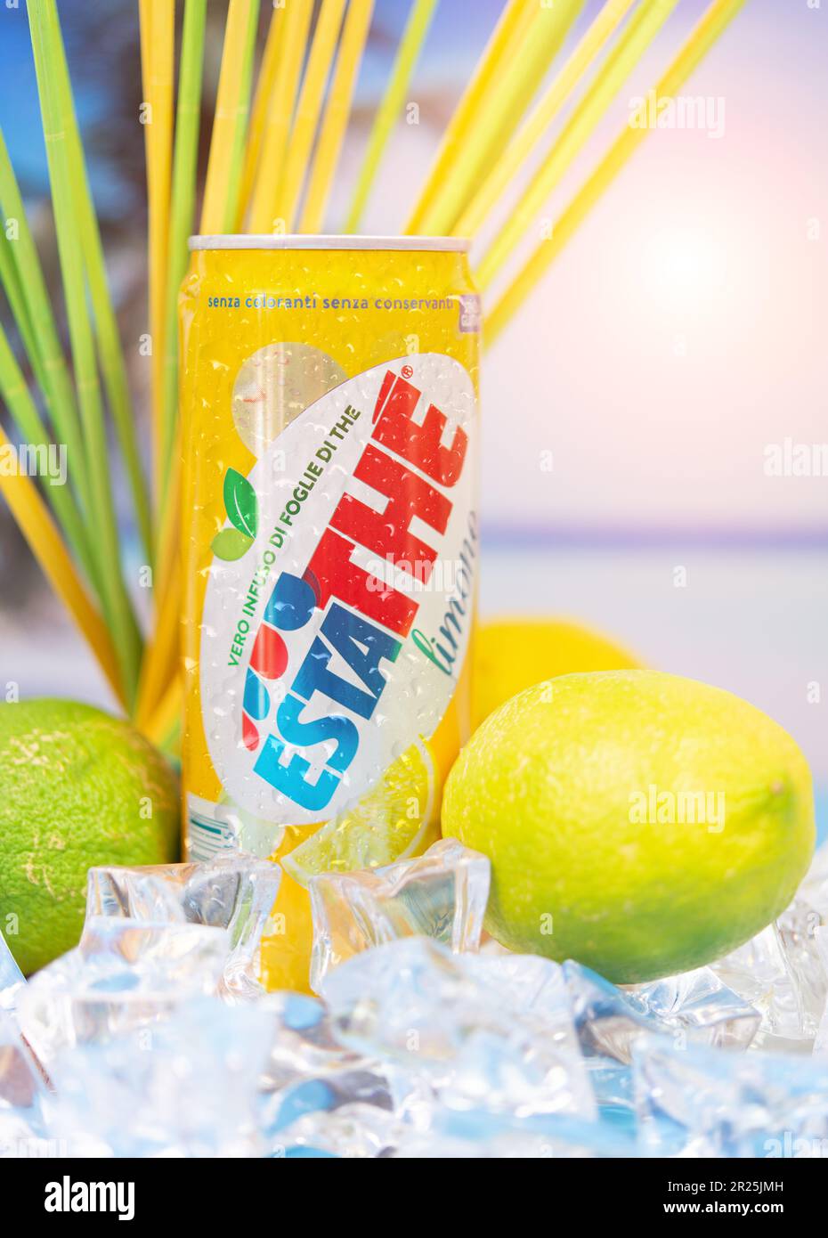 Naples,Italy - 18 april 2023: can of Ferrero Estathe lemon tea drink ...