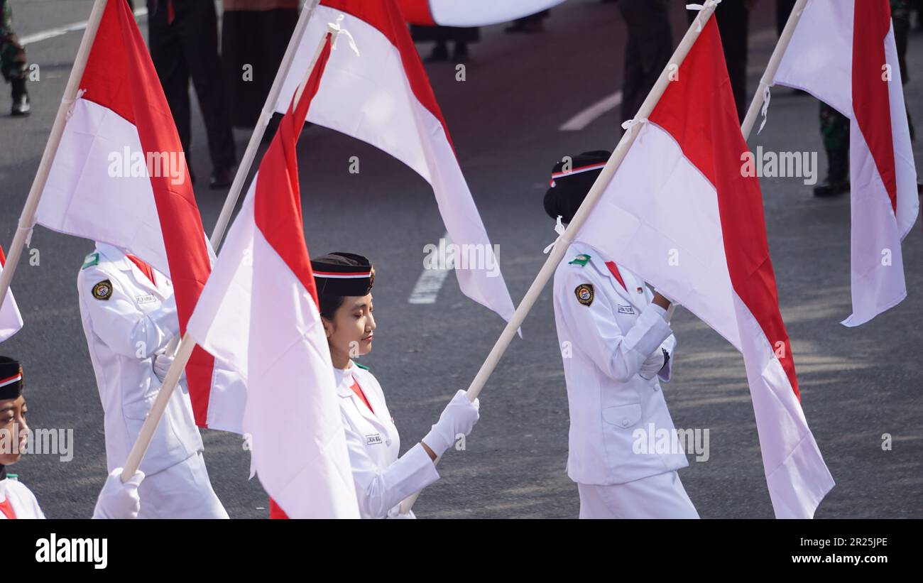 Indonesian flag raiser on kirab kebangsaan (National carnival Stock ...
