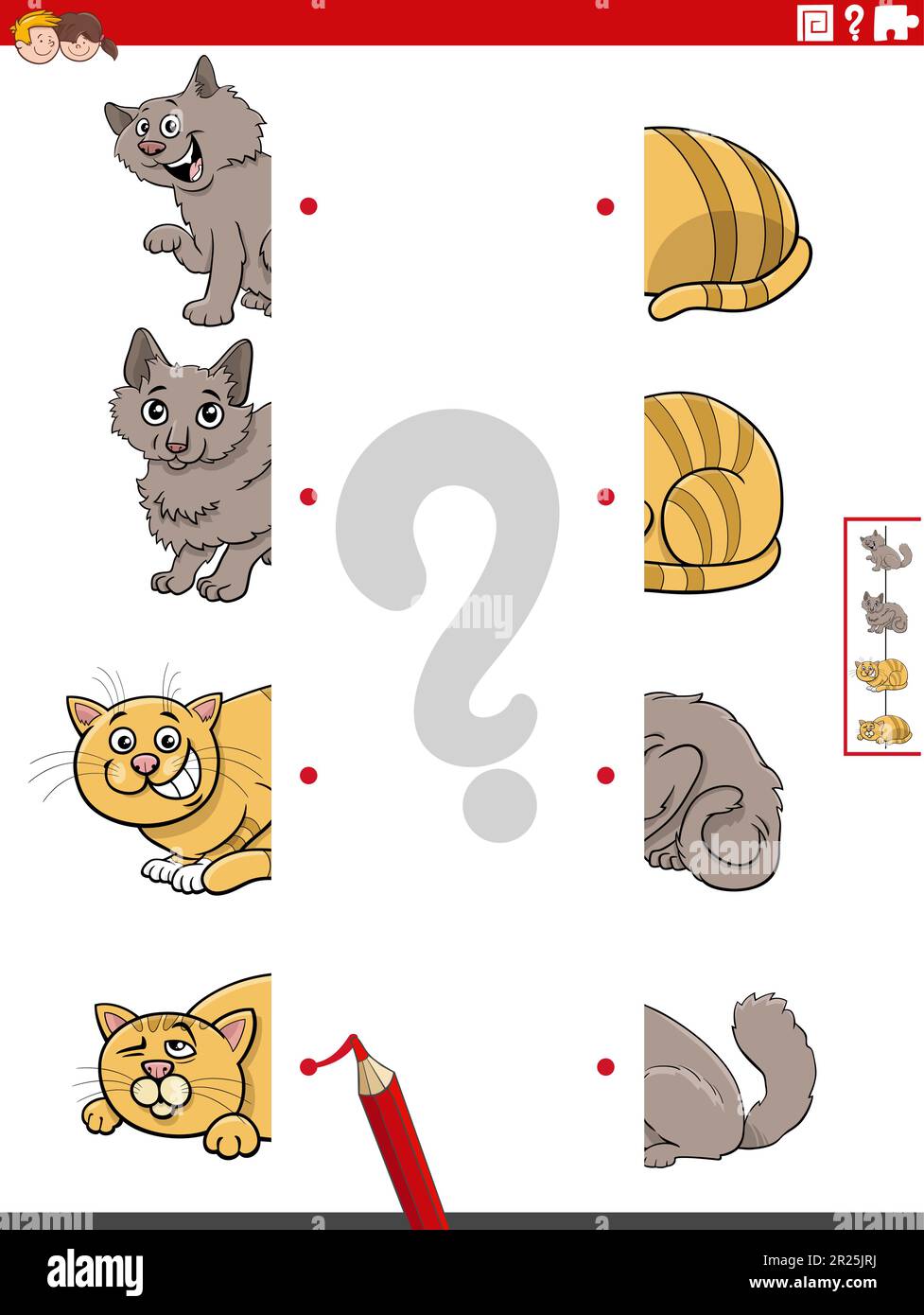 Cartoon illustration of educational task of matching halves of pictures ...
