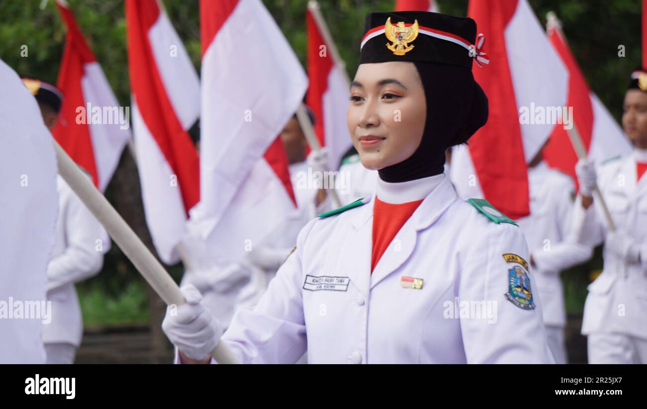 Indonesian flag raiser on kirab kebangsaan (National carnival Stock ...