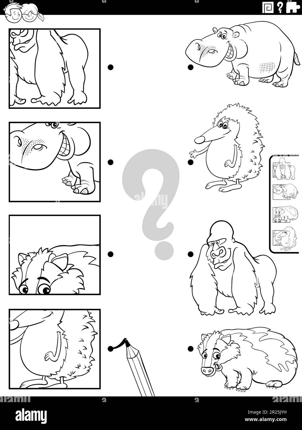 Black and white cartoon illustration of educational matching game with ...