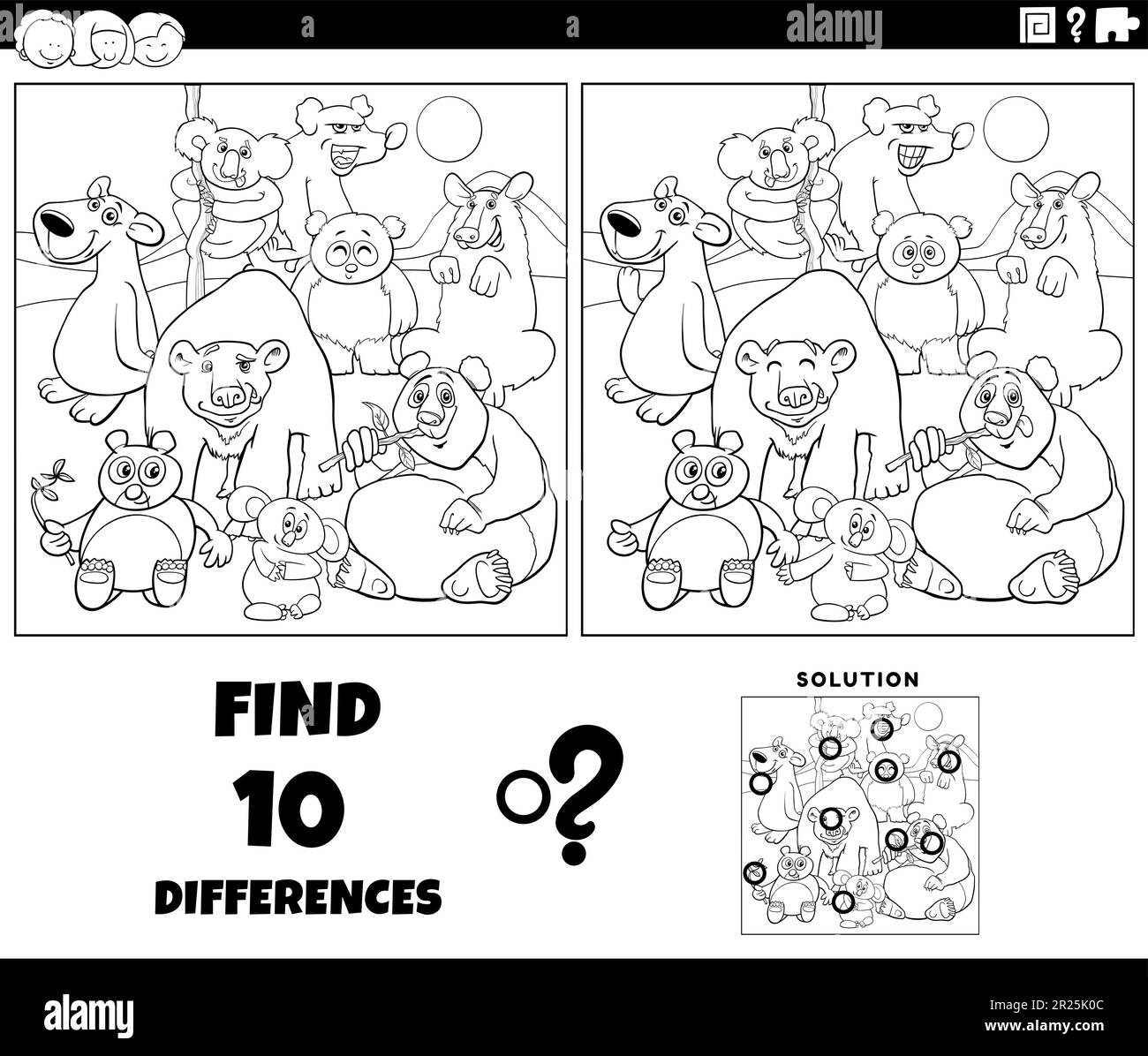 Black and white cartoon illustration of finding the differences between ...