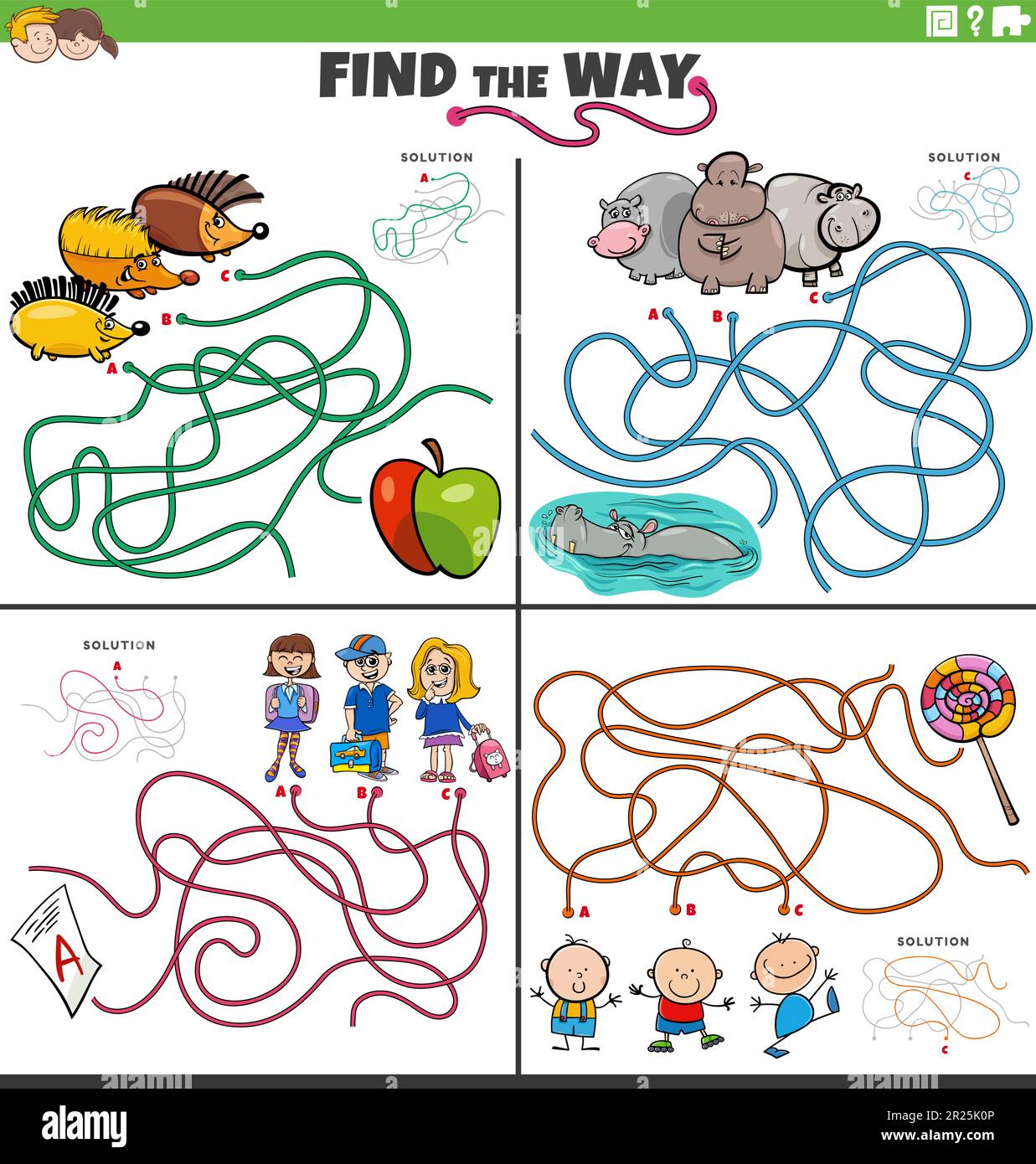 Cartoon illustration of find the way maze puzzle game with funny comic ...