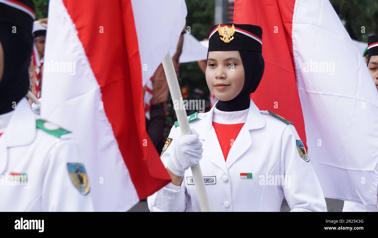 Indonesian flag raiser on kirab kebangsaan (National carnival Stock ...
