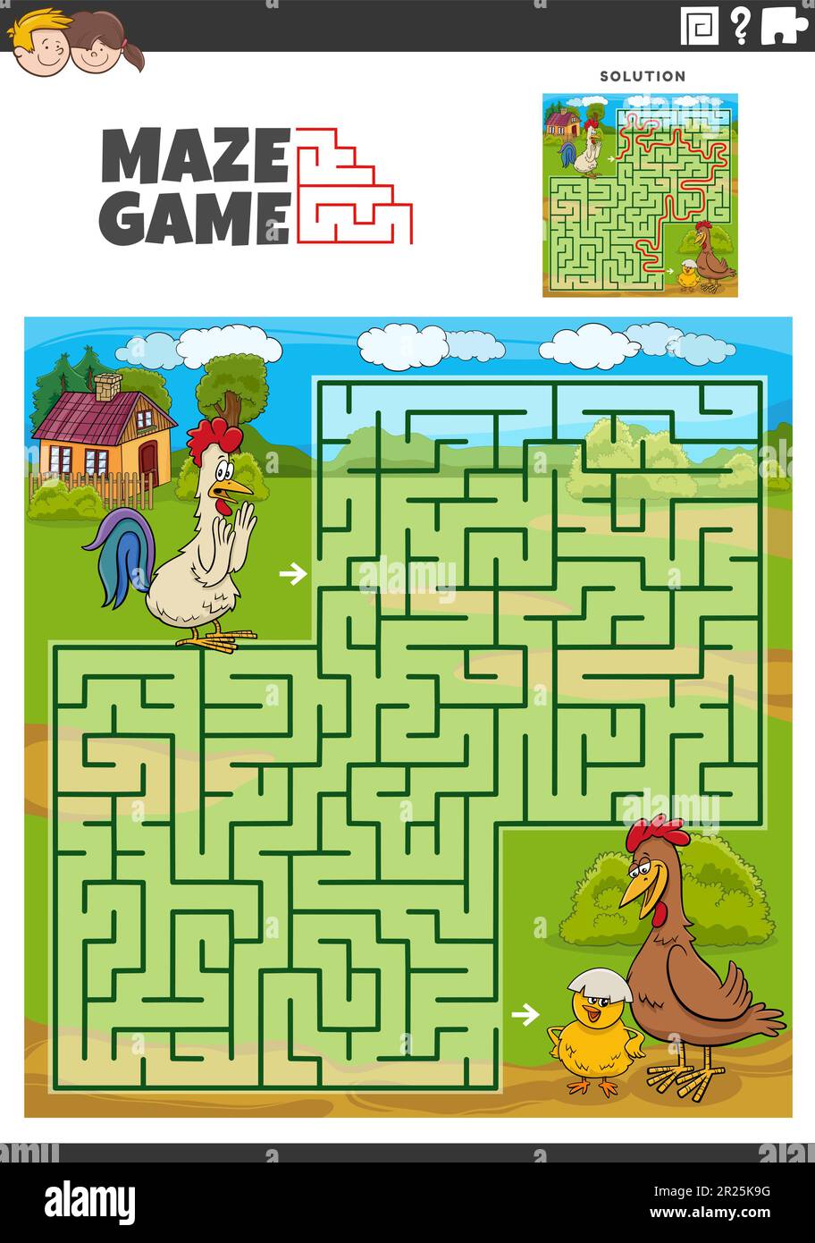 Cartoon illustration of educational maze puzzle activity with funny ...
