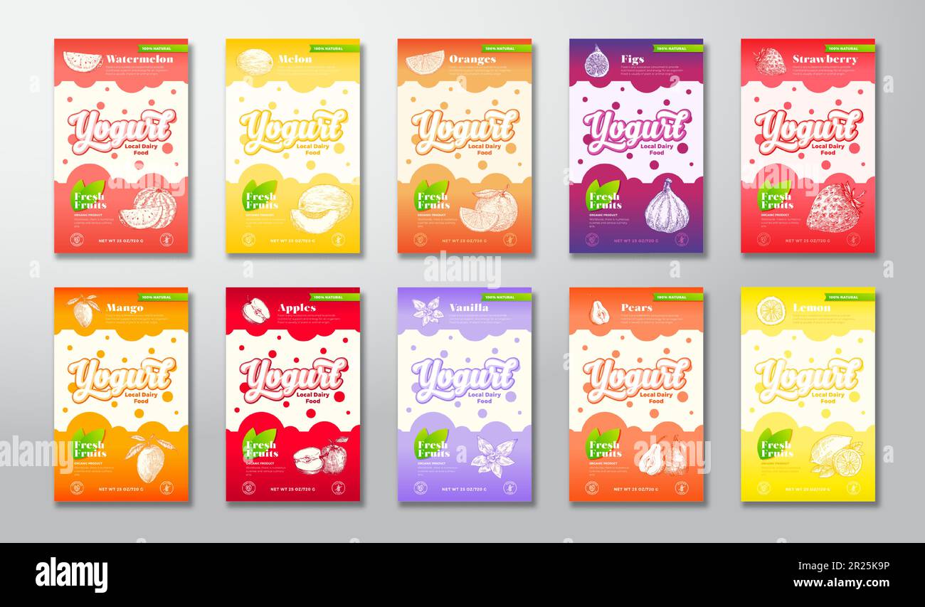 Fruits and Berries Yogurt Label Templates Set. Abstract Vector Dairy ...