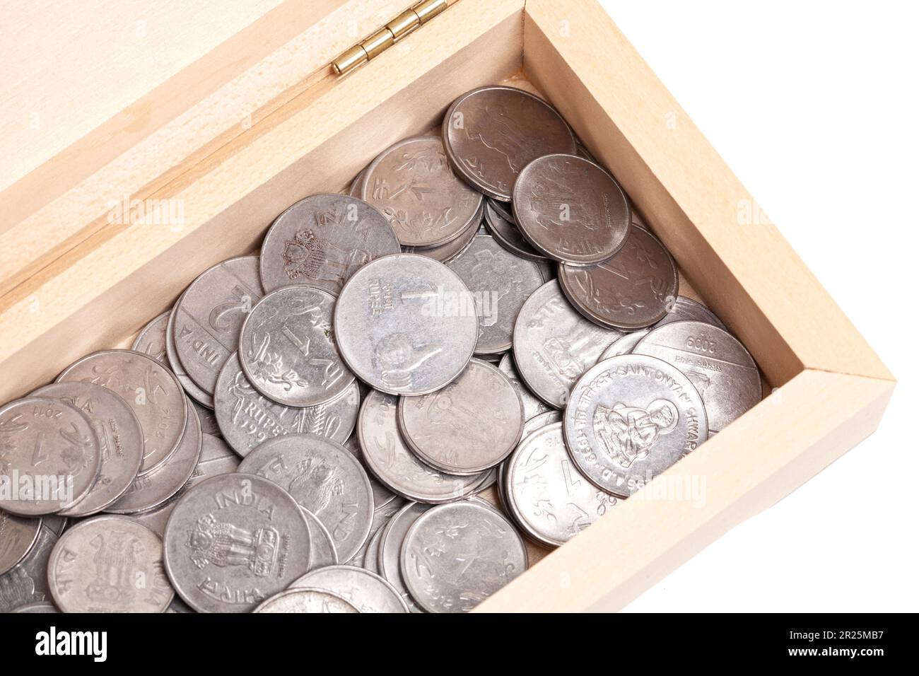 Indian coins in a wooden box Stock Photo - Alamy