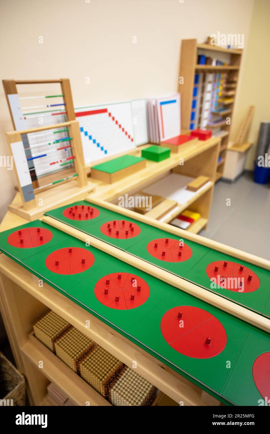 Classroom of Montessori kindergarten. The colorful Montessori material ...