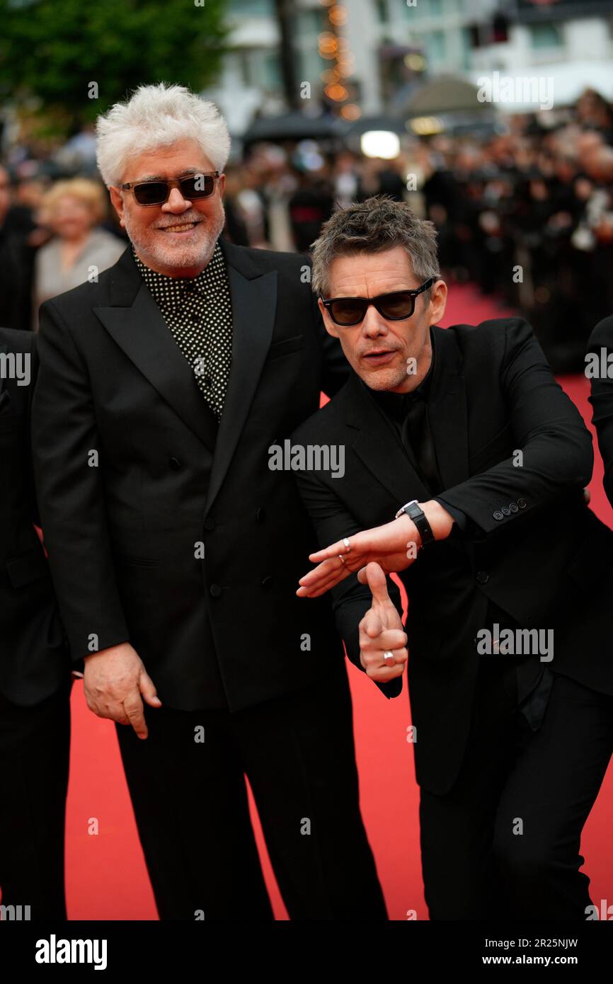 Director Pedro Almodovar, left, and Ethan Hawke pose for photographers ...