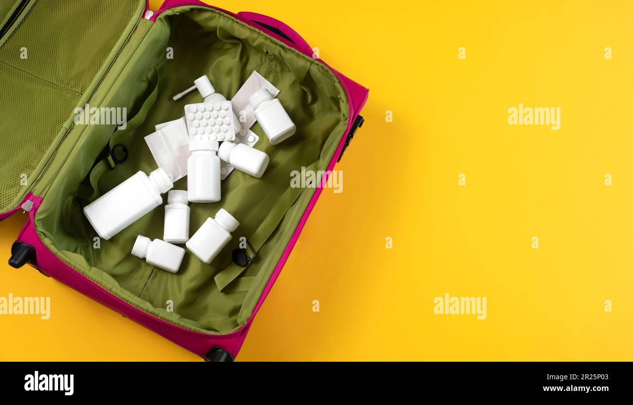 Travel Health Insurance Concept. Trip Pink Suitcase, Bag Full of ...