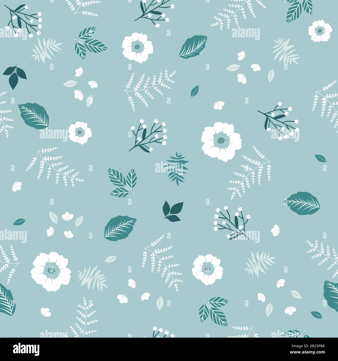Simple vintage pattern. White flowers and leaves . Light blue ...