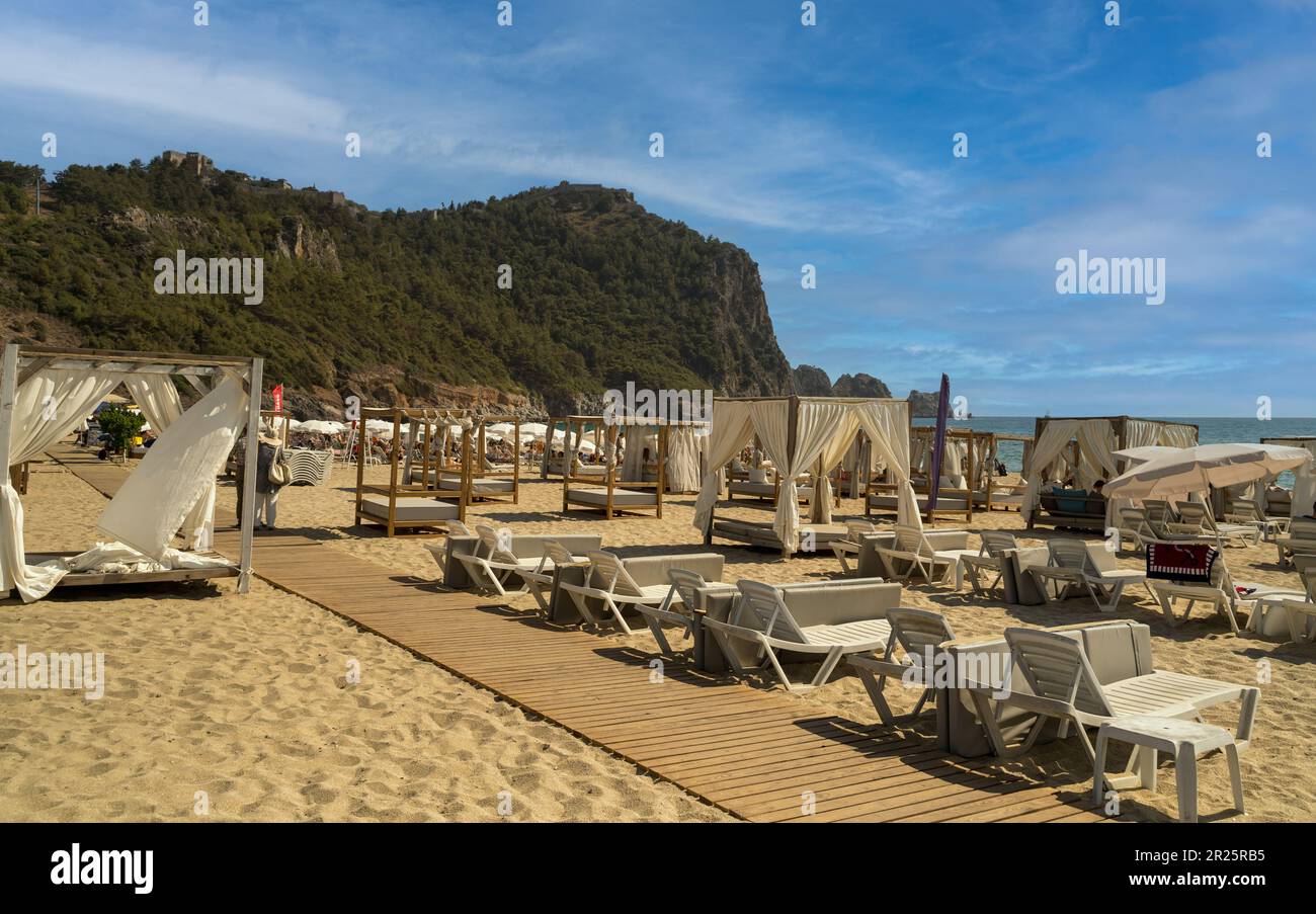 sun bed benches in the cleopatra beach located in alanya, Antalya ...