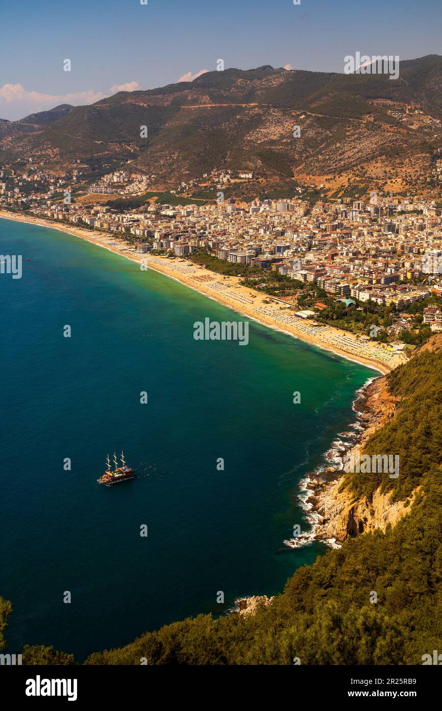 Pirate ships and rocks formation in the sea. View from Alanya Castle in ...