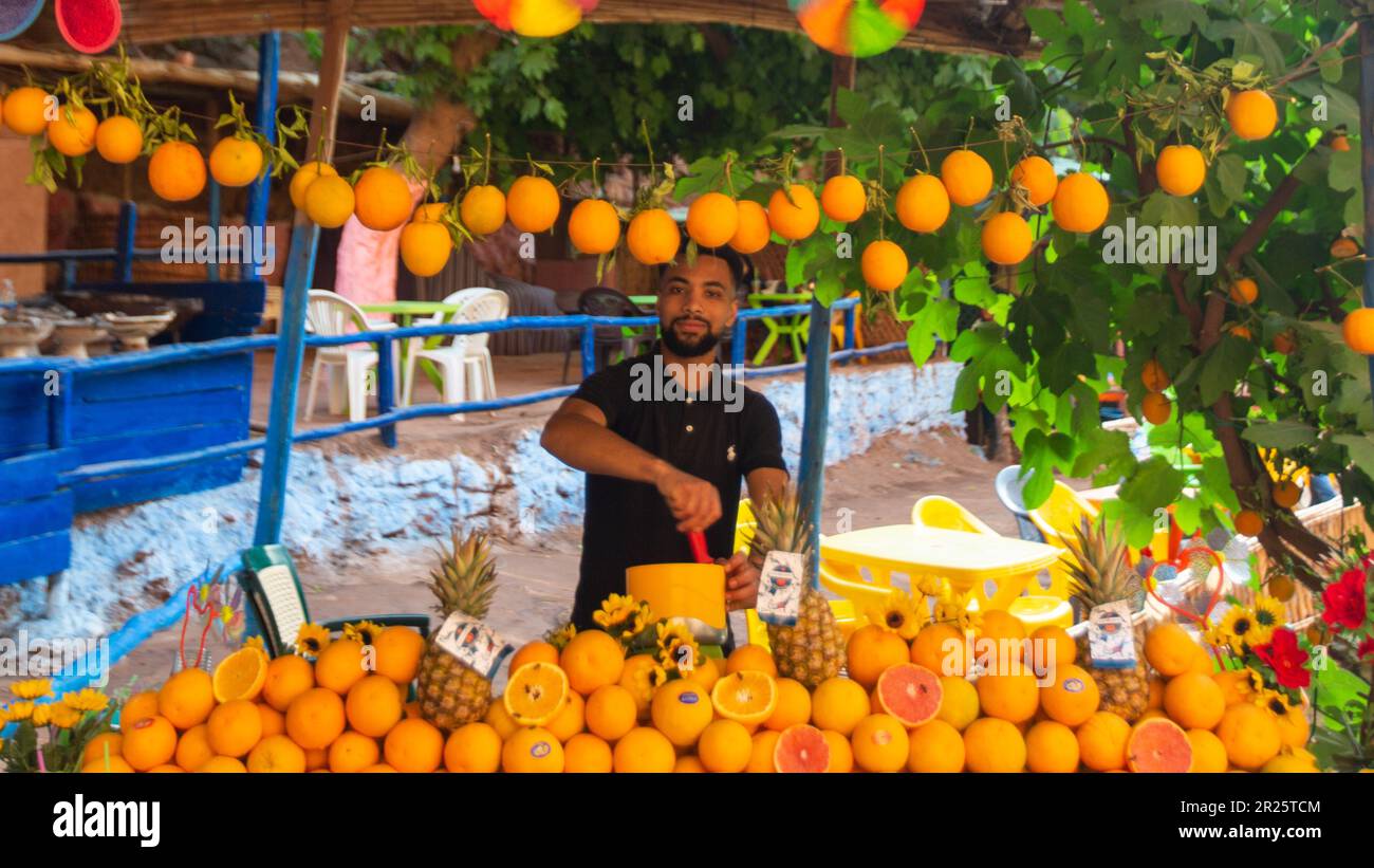 Azilal, Morocco - 29 April 2023 : Orange juice seller in Ouzoud in the ...