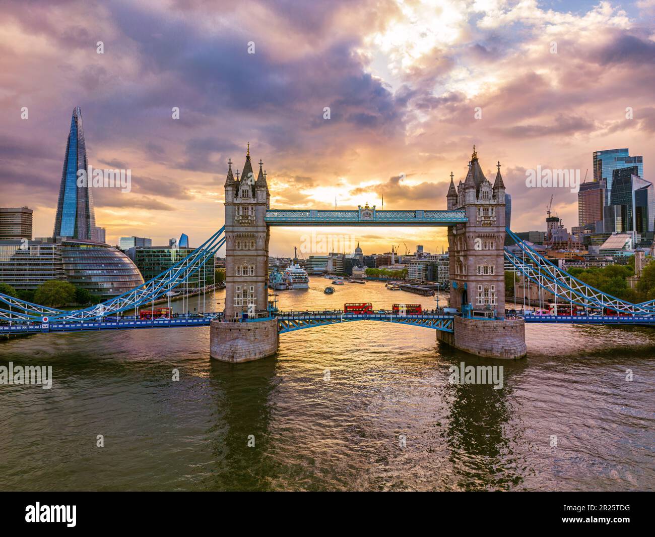 Aerial view to the Tower Bridge and skyline of London, UK Stock Photo ...