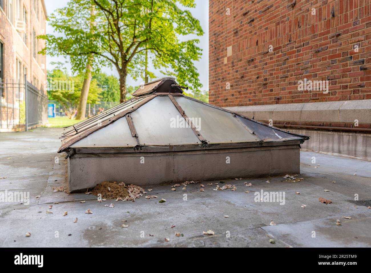Old, vintage metal framed double pitched skylight on a flat commercial ...