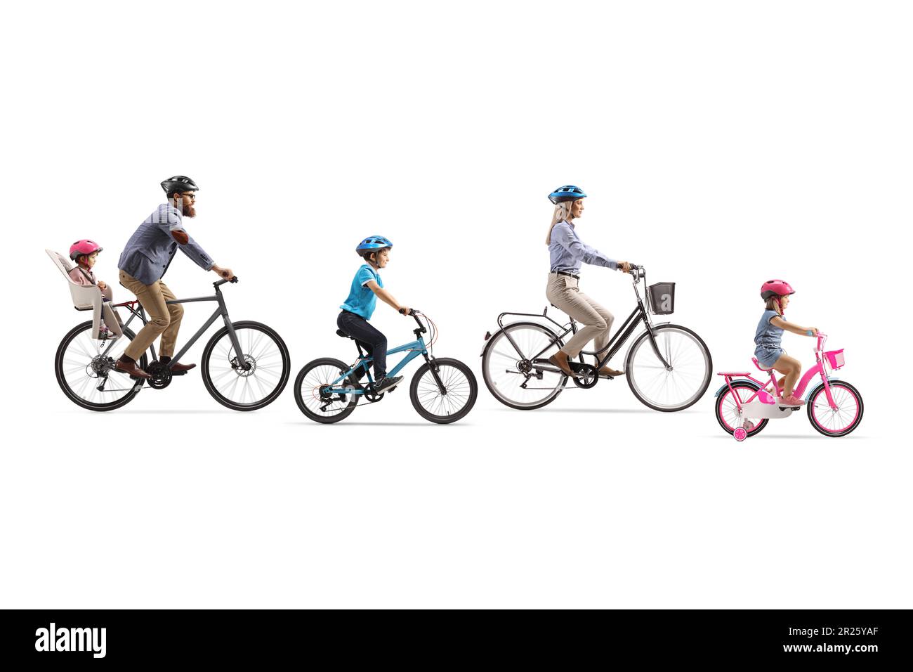 Family with three children riding bicycles isolated on white background ...