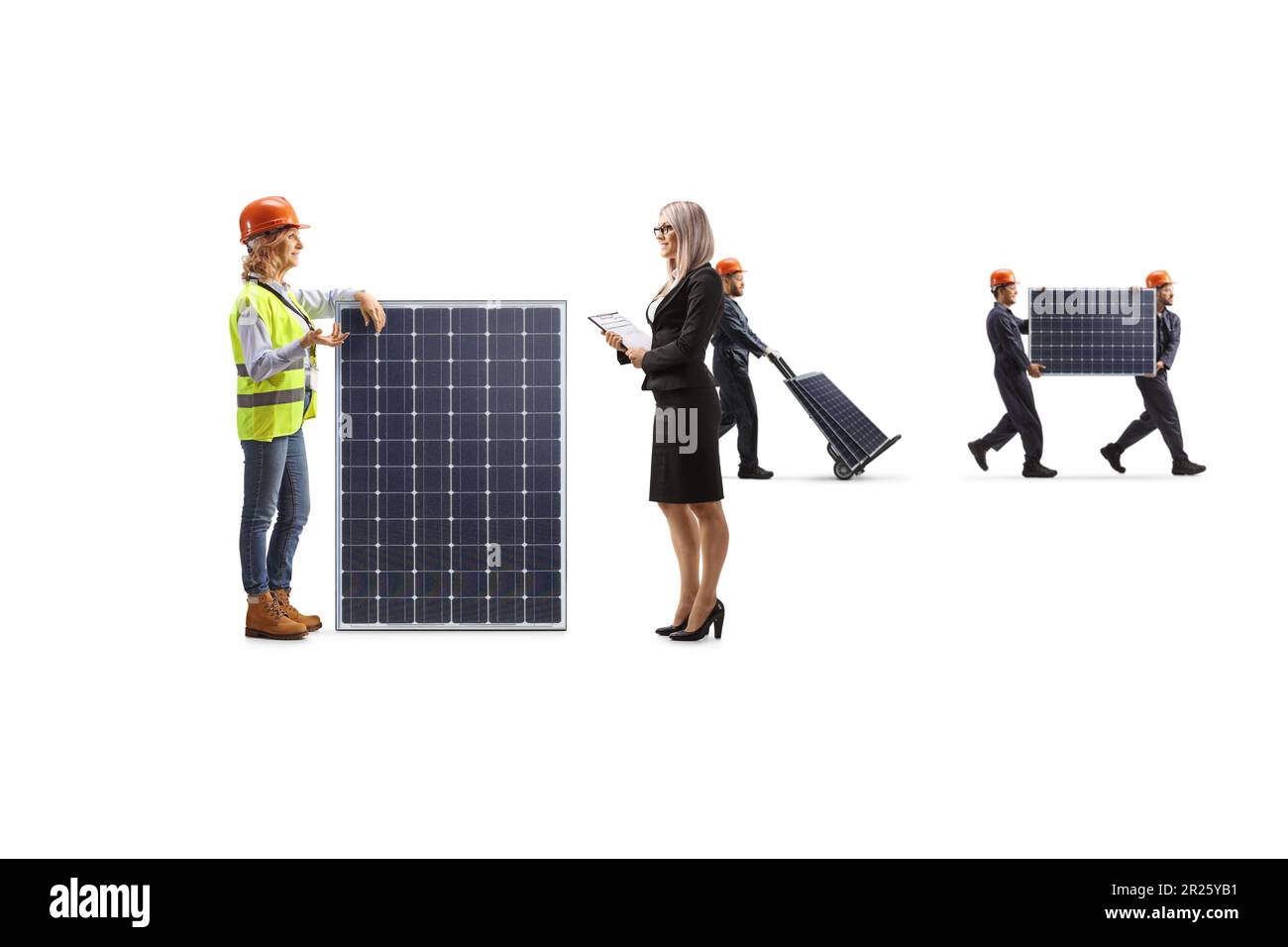 Female engineer with a photovoltaic panel talking to a businesswoman ...