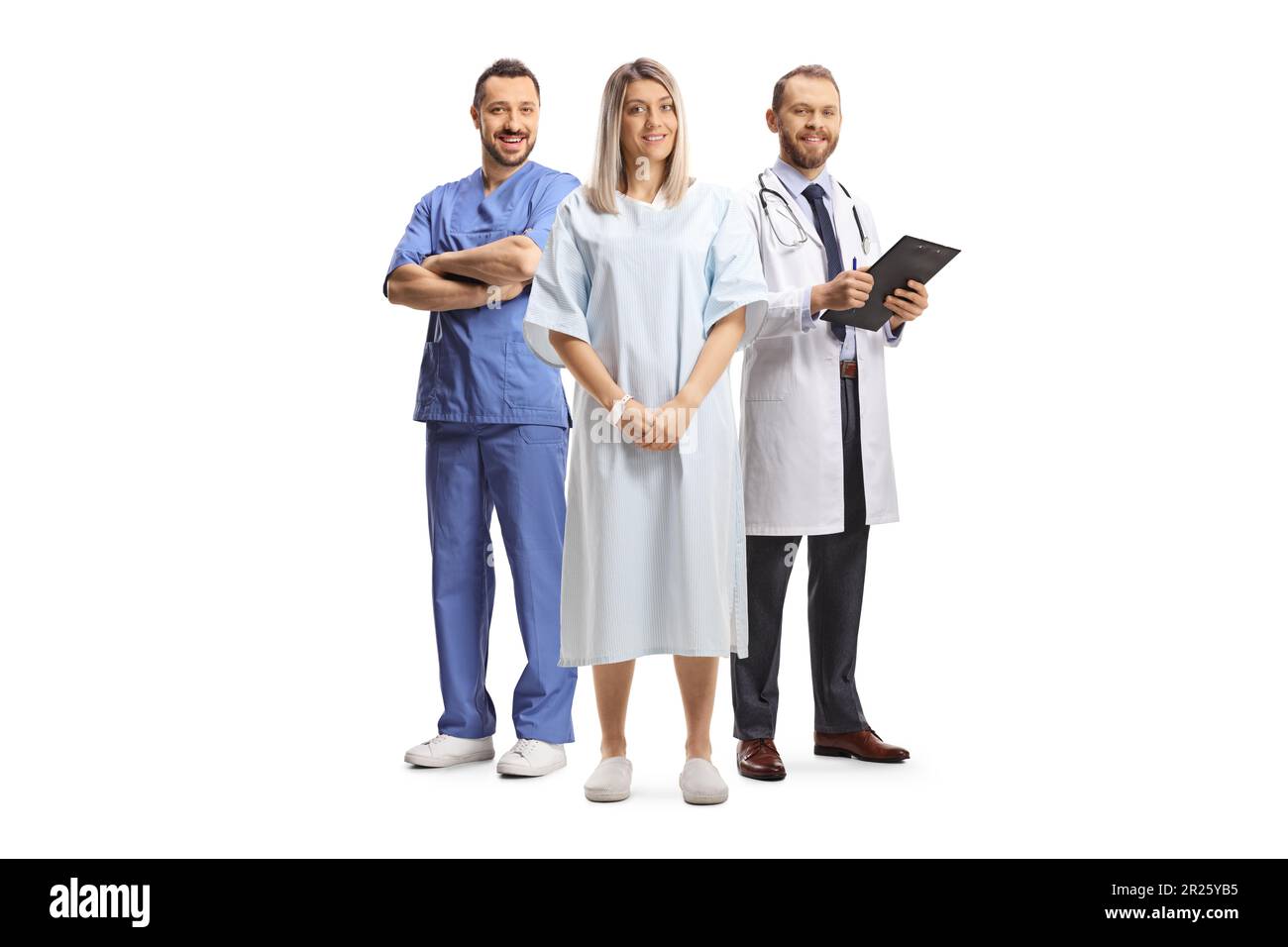 Female patient in a hospital gown standing in front of doctors isolated ...