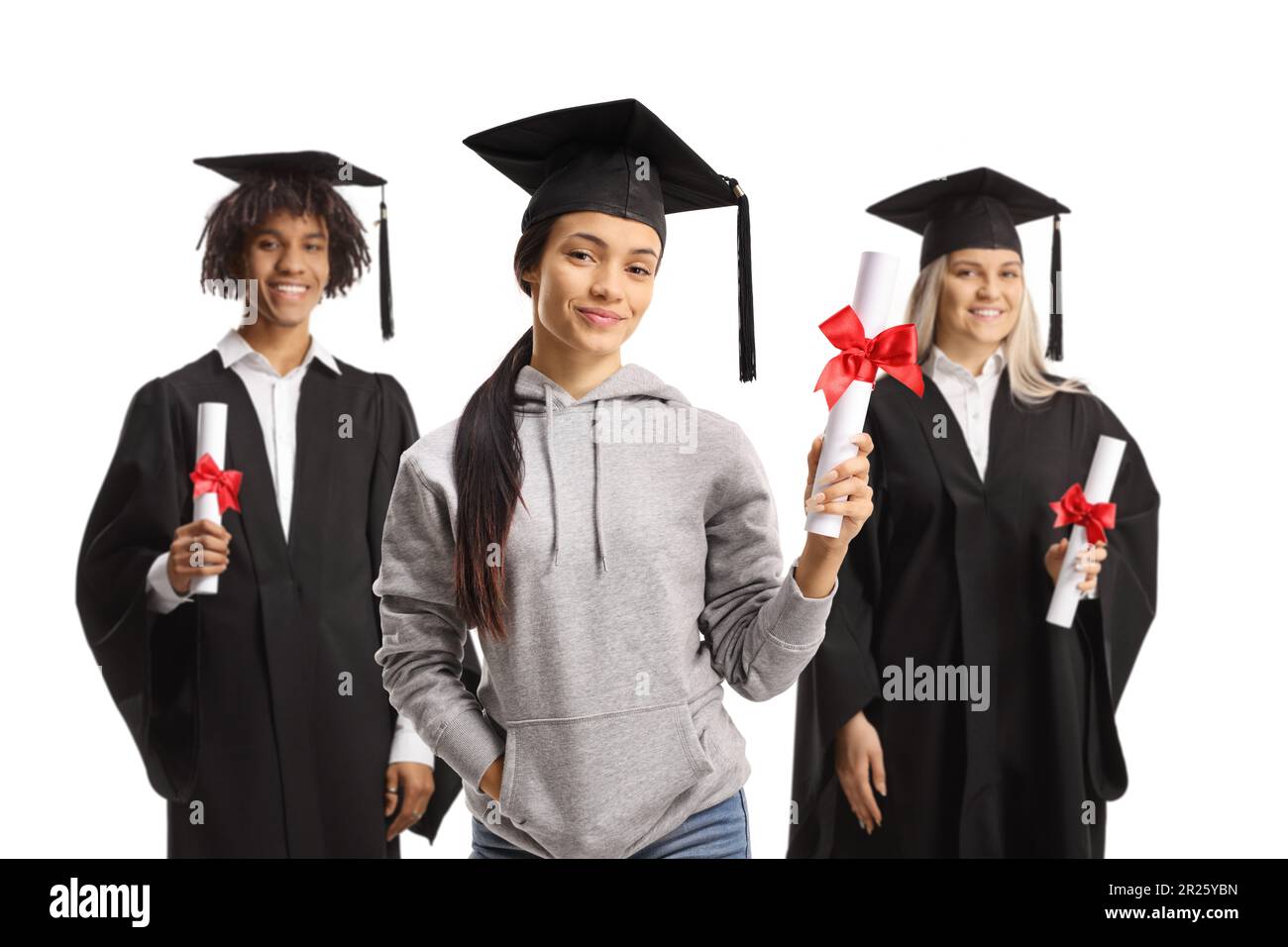 Happy graduate students holding certificates isolated on white ...