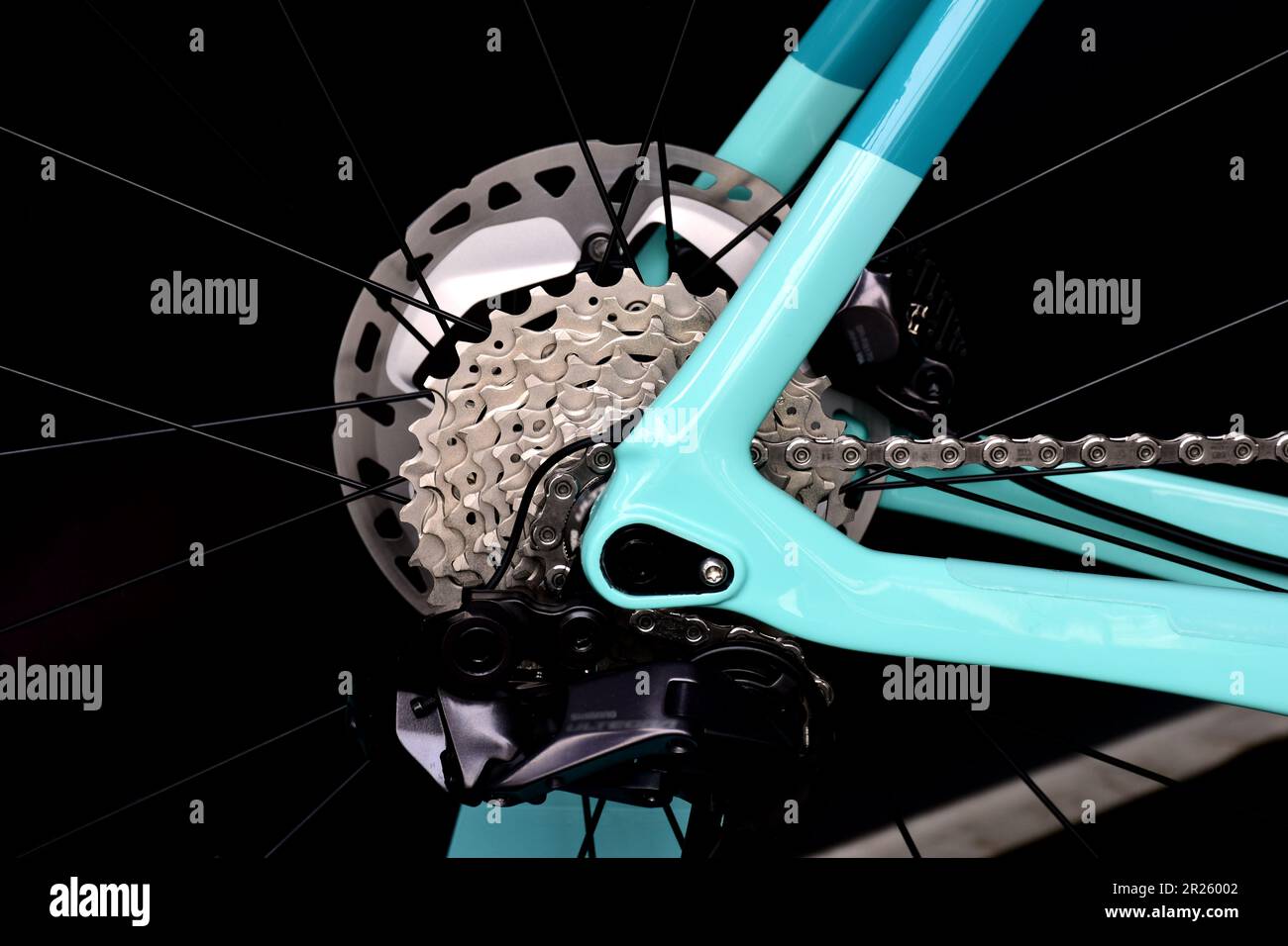 isolated bicycle rear wheel closeup view. gearshift, gearwheel and ...