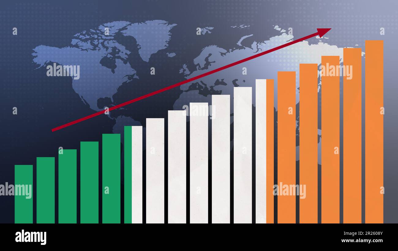 Ireland flag on bar chart concept with increasing values, economic ...
